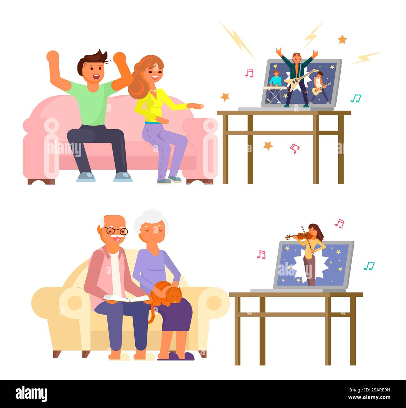 Happy young and elderly couples watching music concert online at home ...
