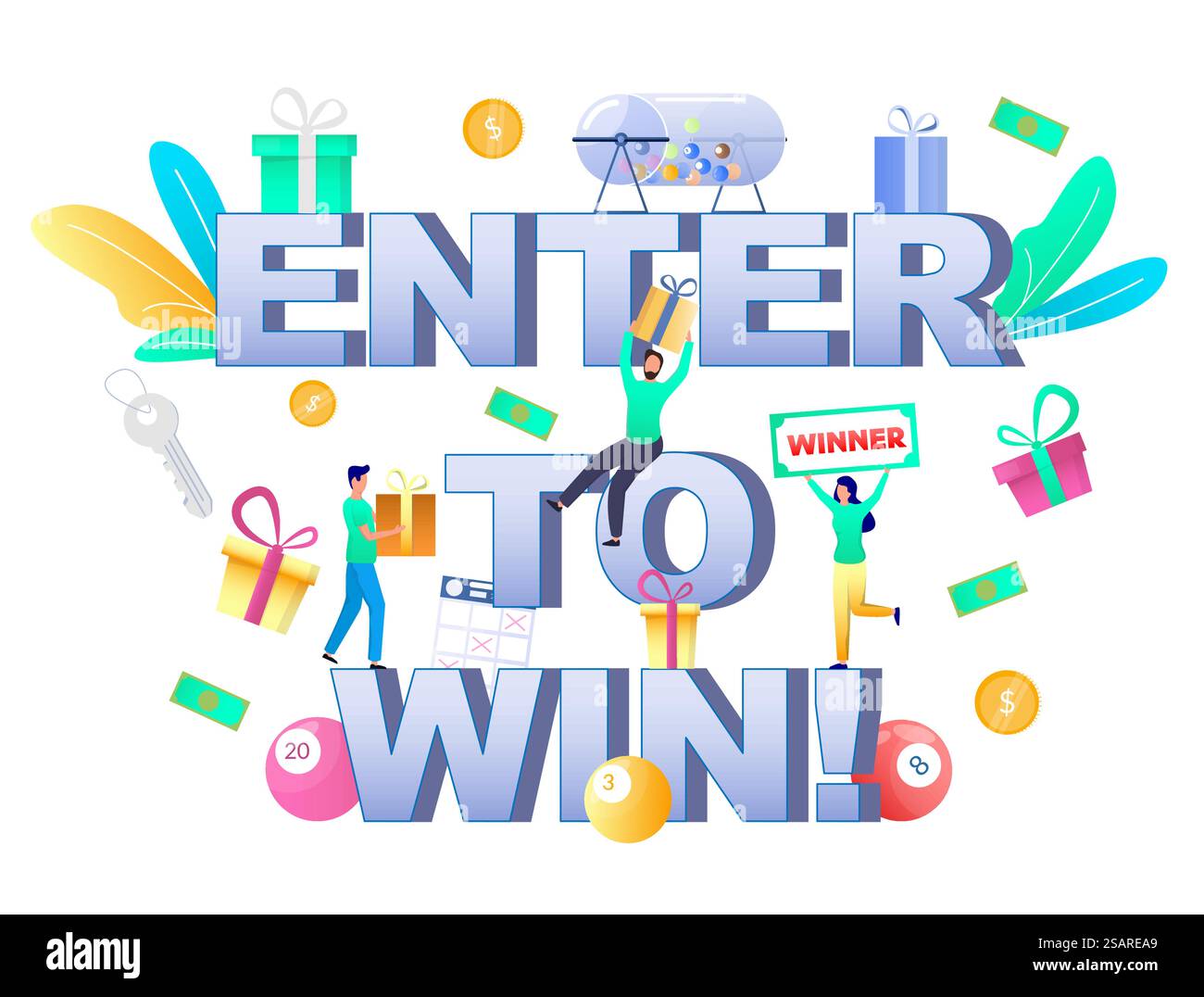 Enter to win typography vector banner template. Raffle drum with balls ...