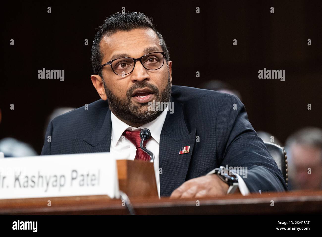 Kash Patel, nominee to be Director of the Federal Bureau of Investigation (FBI), speaking at a ...