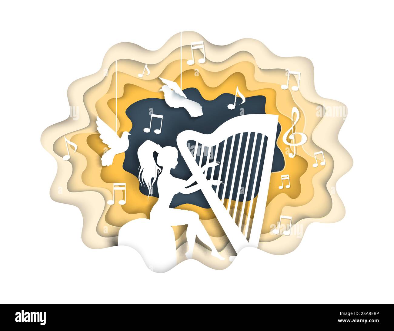 Beautiful young girl playing harp, vector illustration in paper art ...