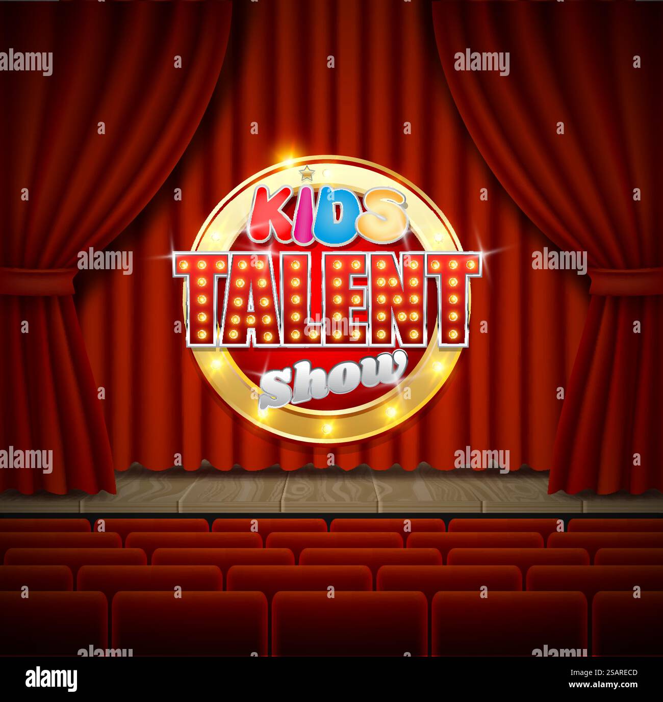 Theatrical stage with Kids talent show signboard on red velvet curtain ...
