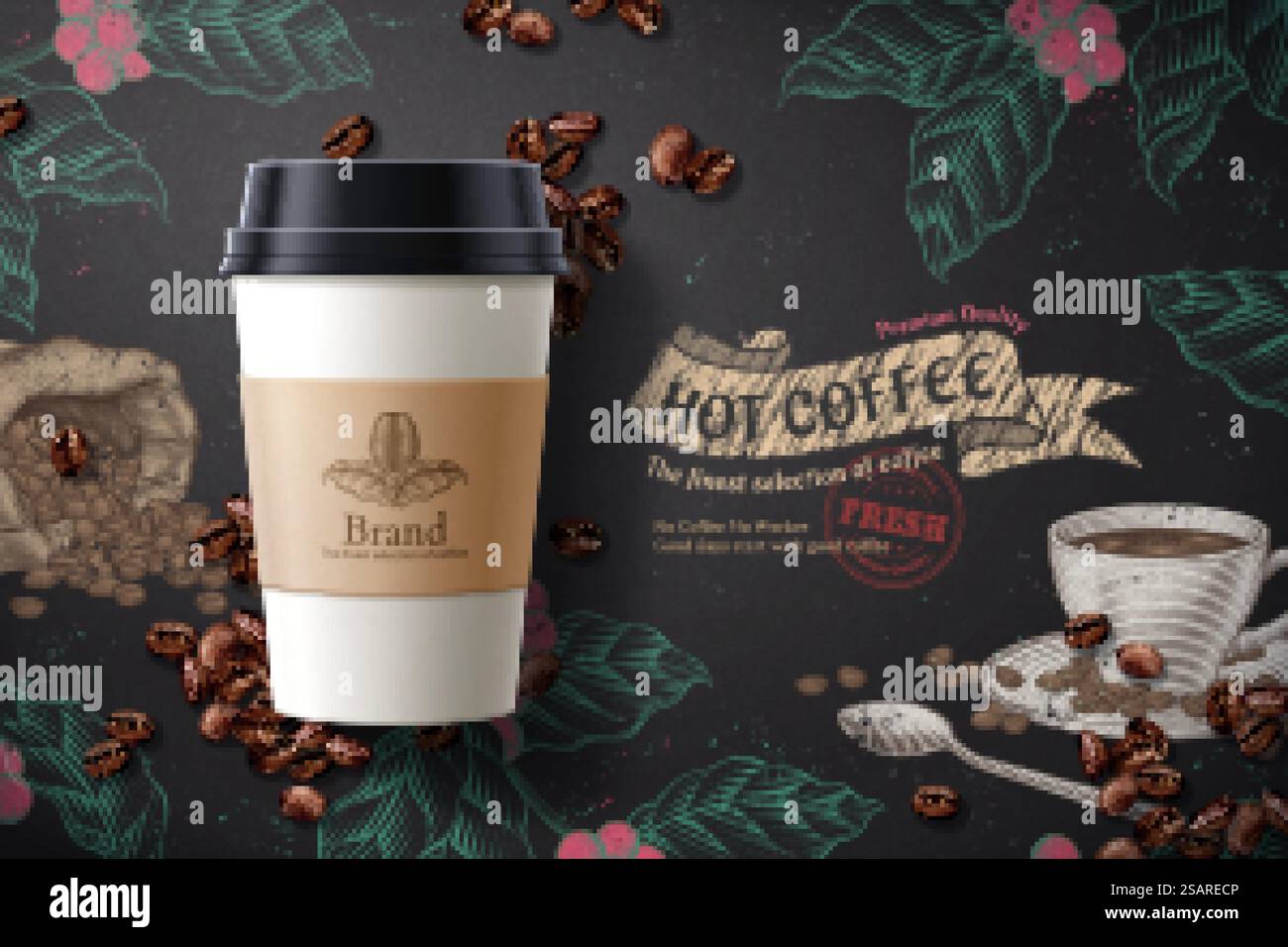 Coffee ads, takeaway cup packaging with labels in 3D illustration with ...