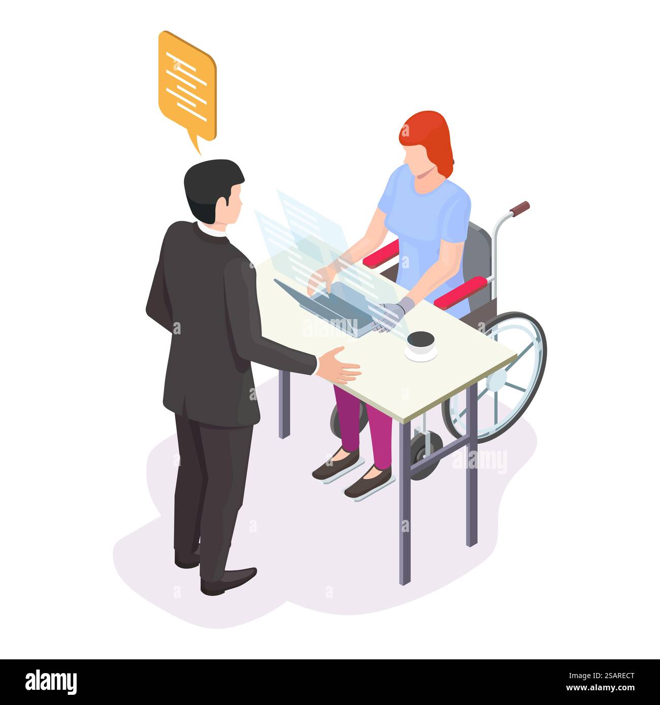 Isometric disabled woman employee using wheelchair and hand prosthesis ...