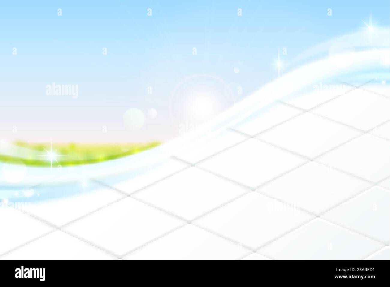 White ceramic tile floor against bright blue sky in 3d illustration ...