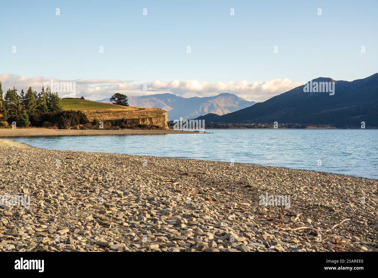 The mountains along both sides of Lake Hawea near Wanaka Stock Photo ...