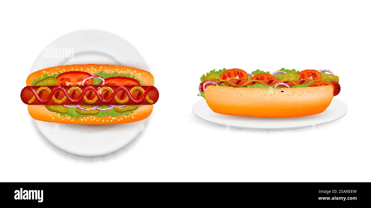 Delicious hot dog on plate, side and top view vector isolated ...