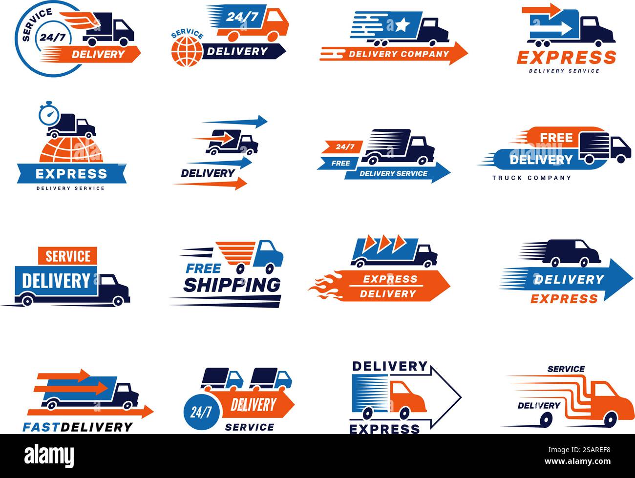 Delivery services. Emblem and logos with various transport for delivery ...