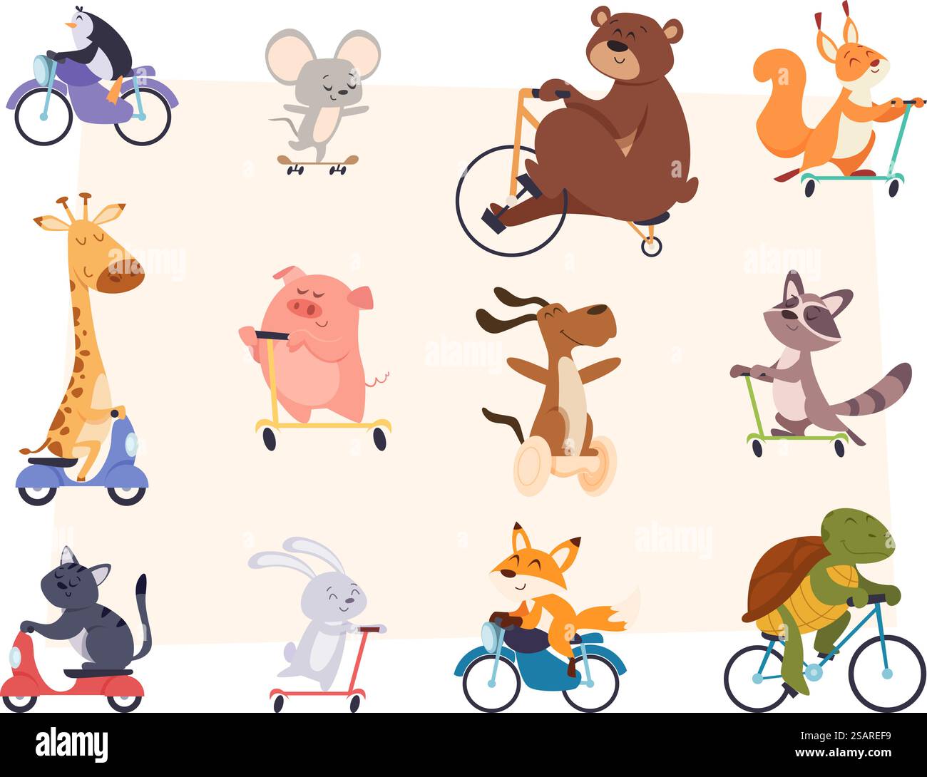 Animals riding. Characters in action poses sitting and riding scooter ...