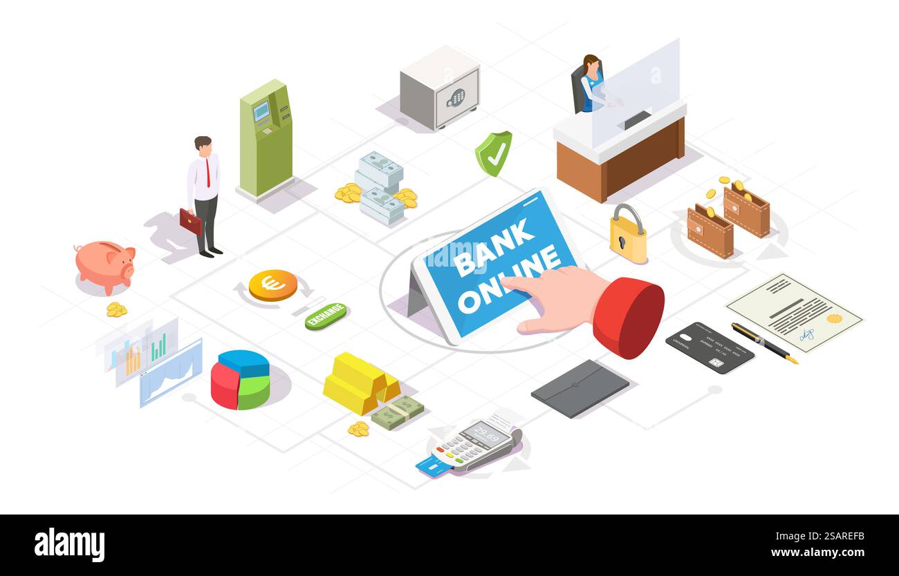 Mobile banking services isometric flowchart hi-res stock photography ...