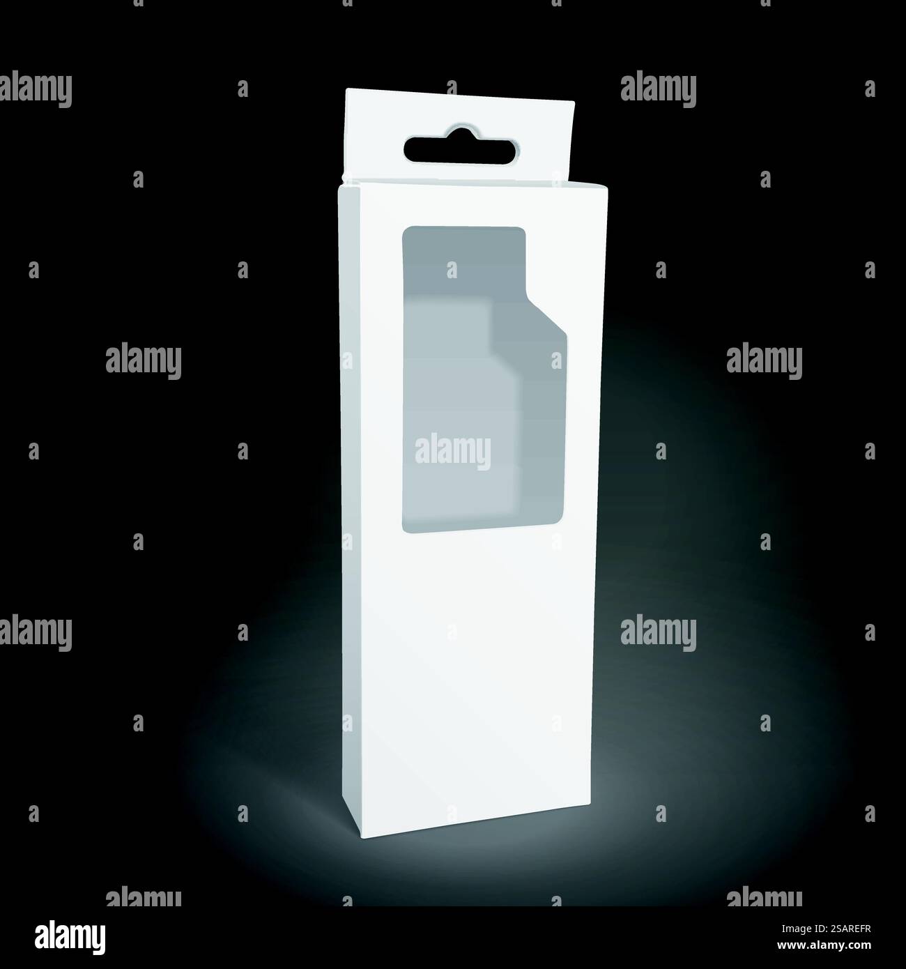 blank paper box with transparent window on black background. 3D ...