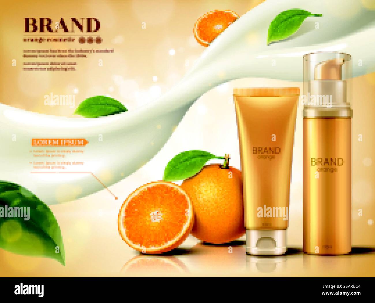 Fresh citrus cosmetic set with flowing creamy lotion and glittering ...