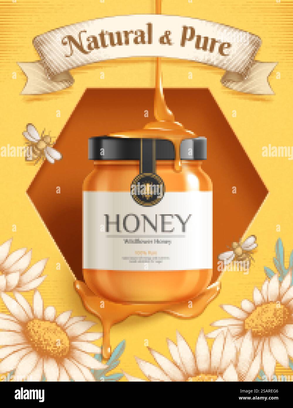 3d illustration of sweet honey ad template, golden jar mock-up set on ...