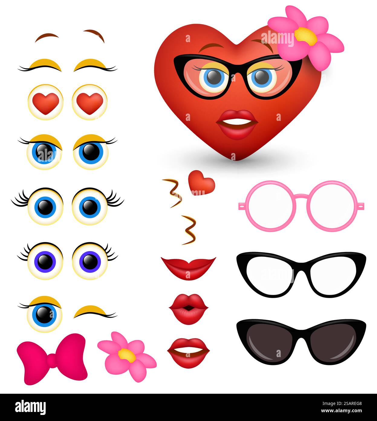 Red heart female character emoji maker, smiley creator. Vector set of ...