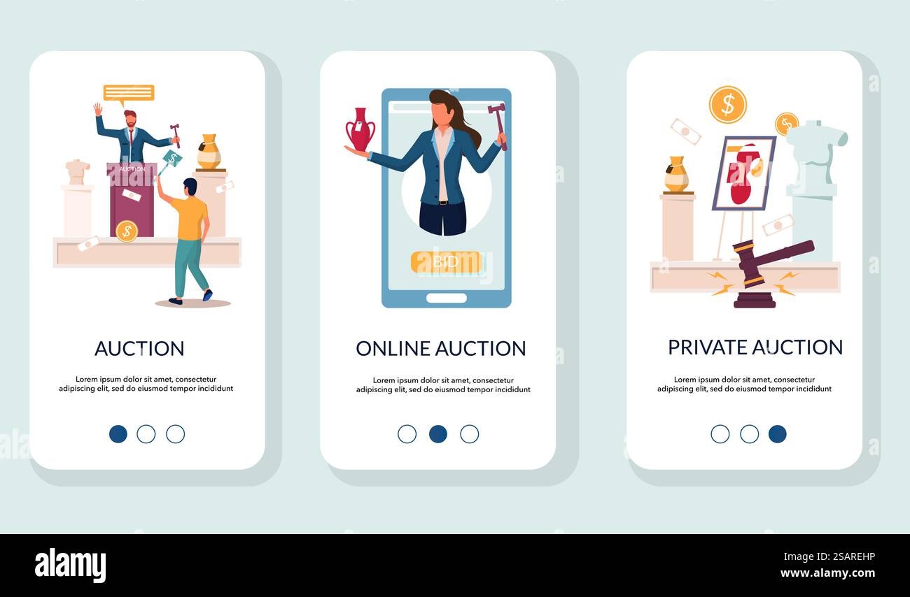 Auction mobile app onboarding screens. Menu banner vector template for ...
