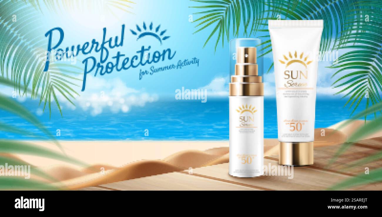 Summer sunblock product ads on resort beach background in 3d ...