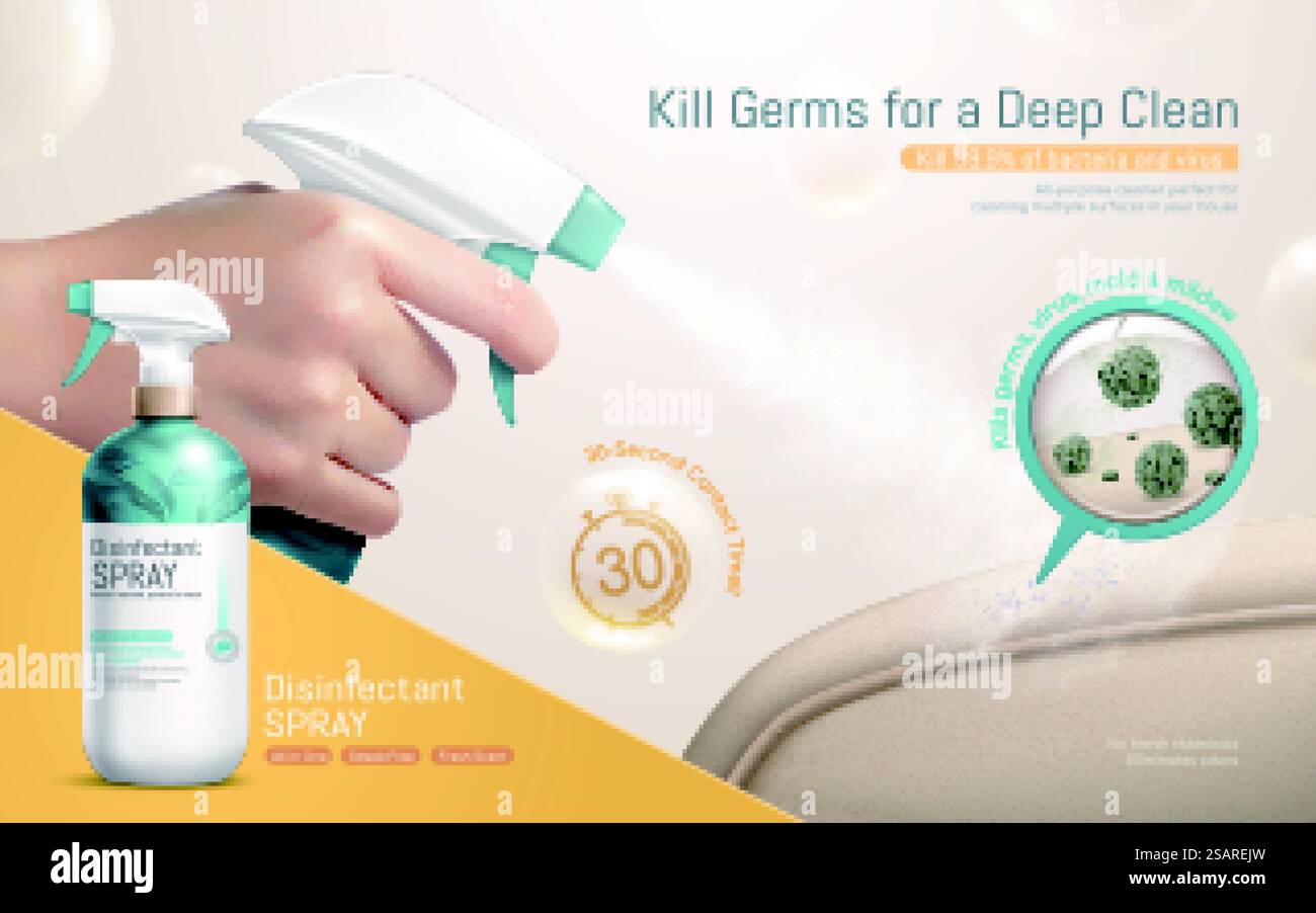 Realistic hand holding trigger spray bottle to disinfect couch armrest ...