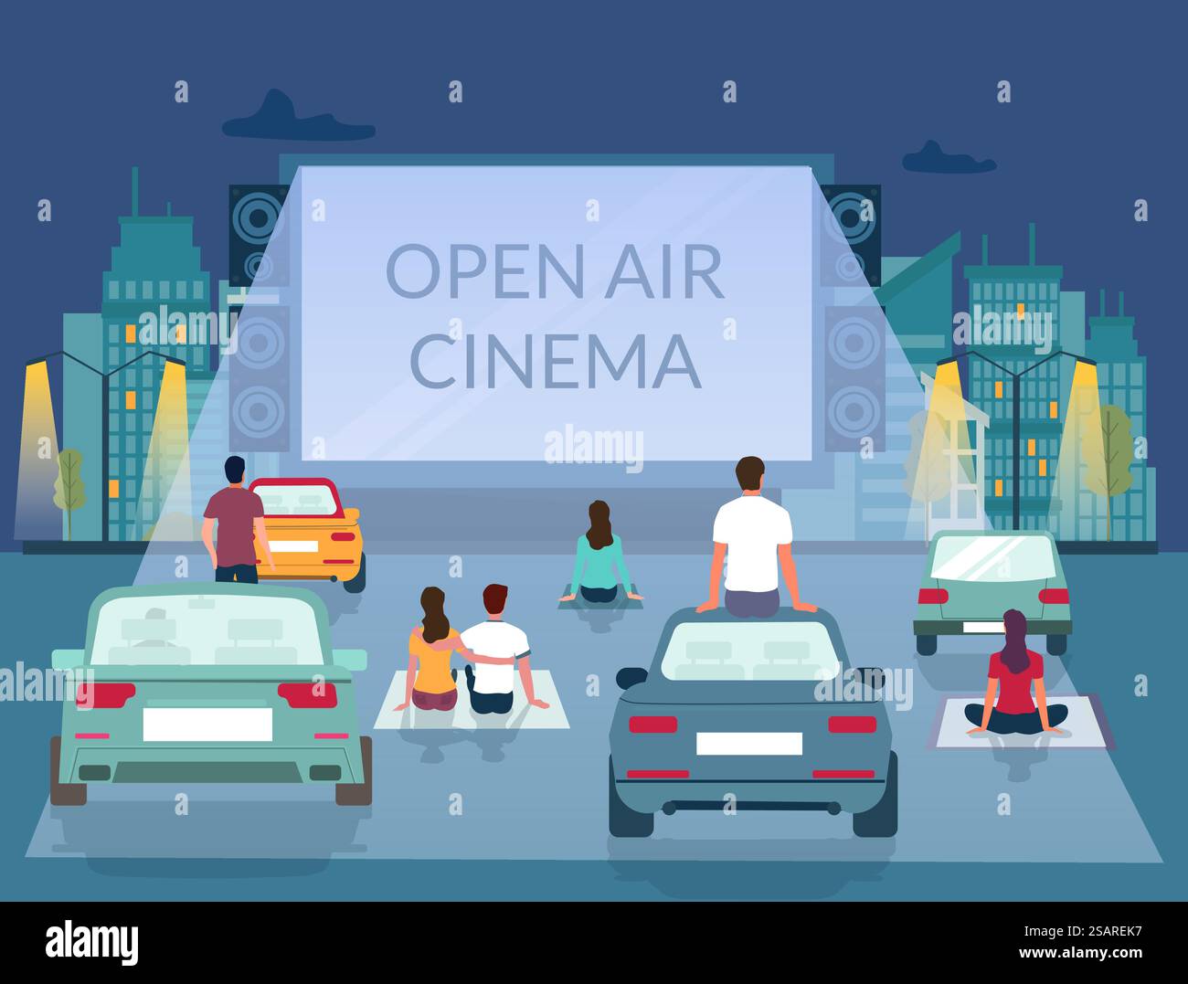 Open air cinema, vector illustration. Male and female characters ...