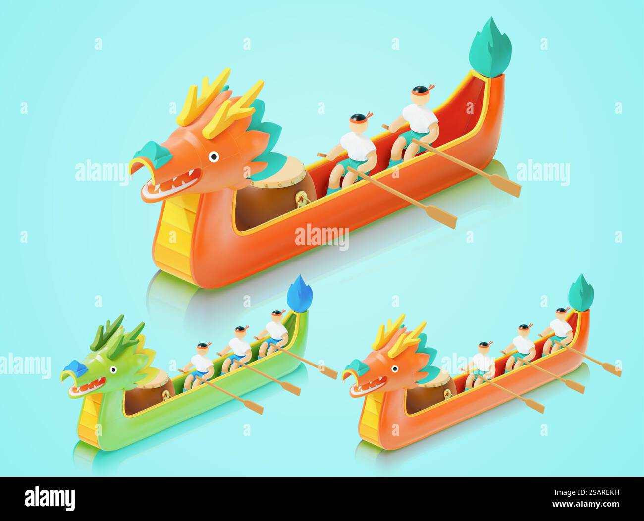 3 groups of people are having dragon boat racing competition. 3d ...