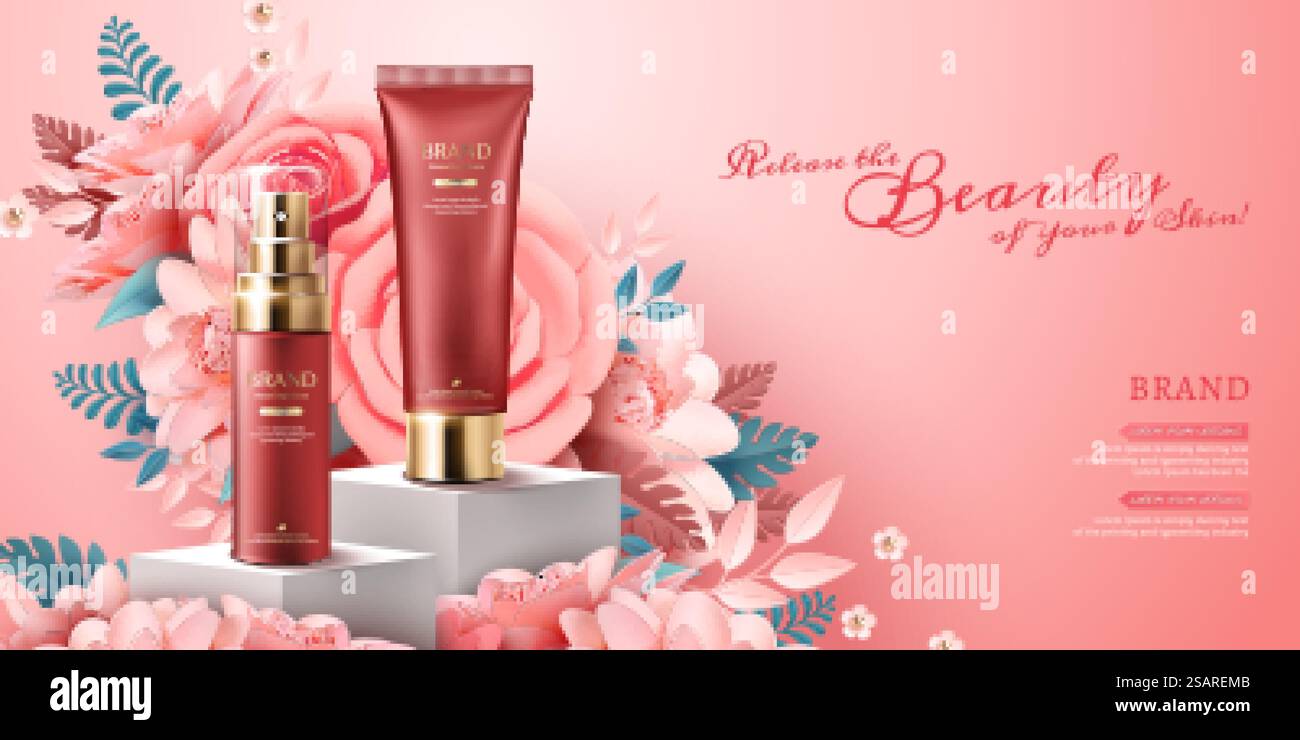 Elegant cosmetic ads with paper art blossoms in pink, 3d illustration ...