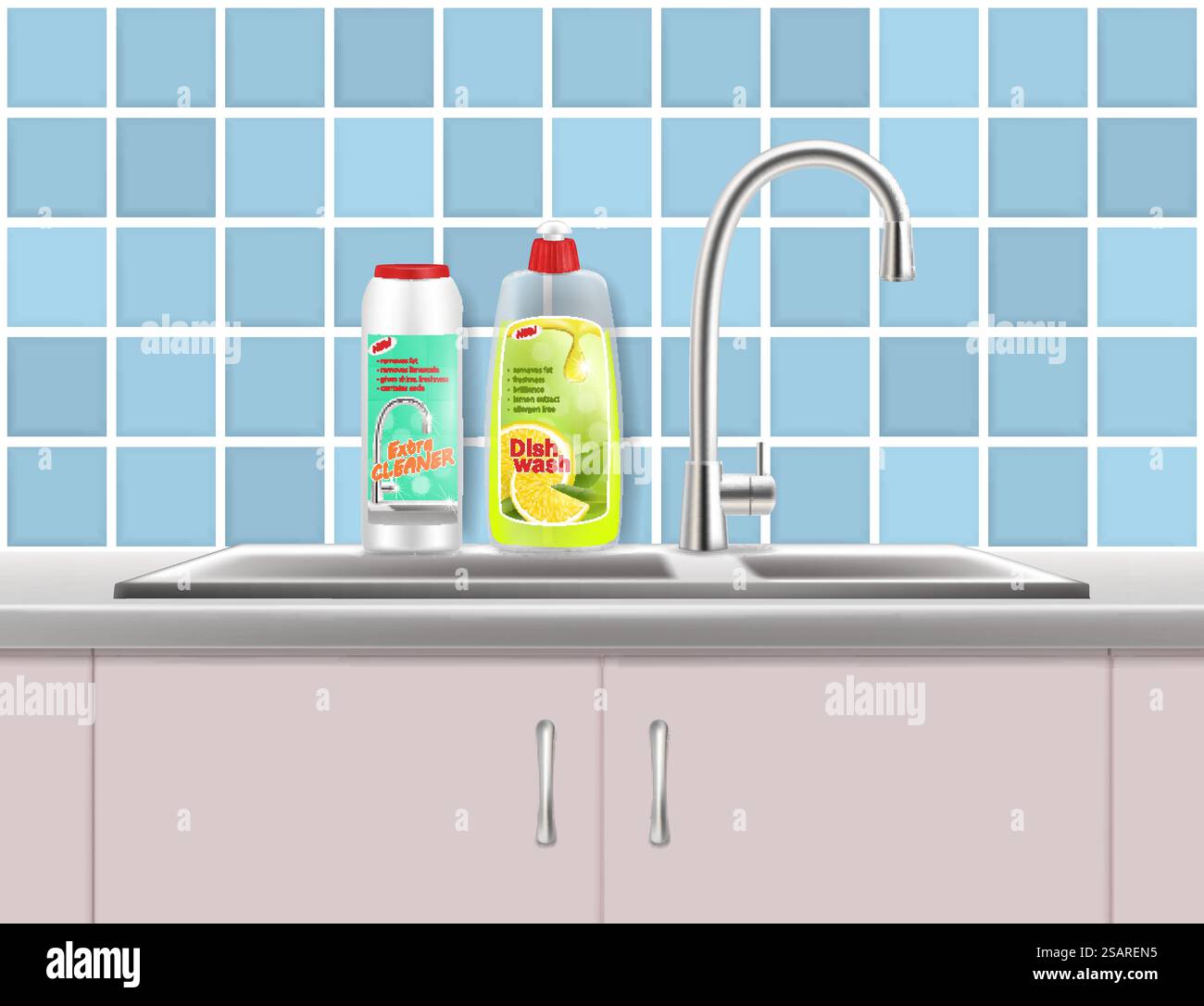 Kitchen sink and dishwashing liquid, cleaning powder plastic bottles ...