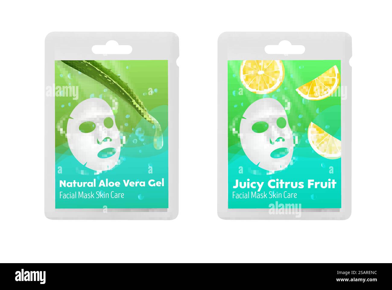 Facial sheet mask packaging sachet mockup set, vector realistic ...