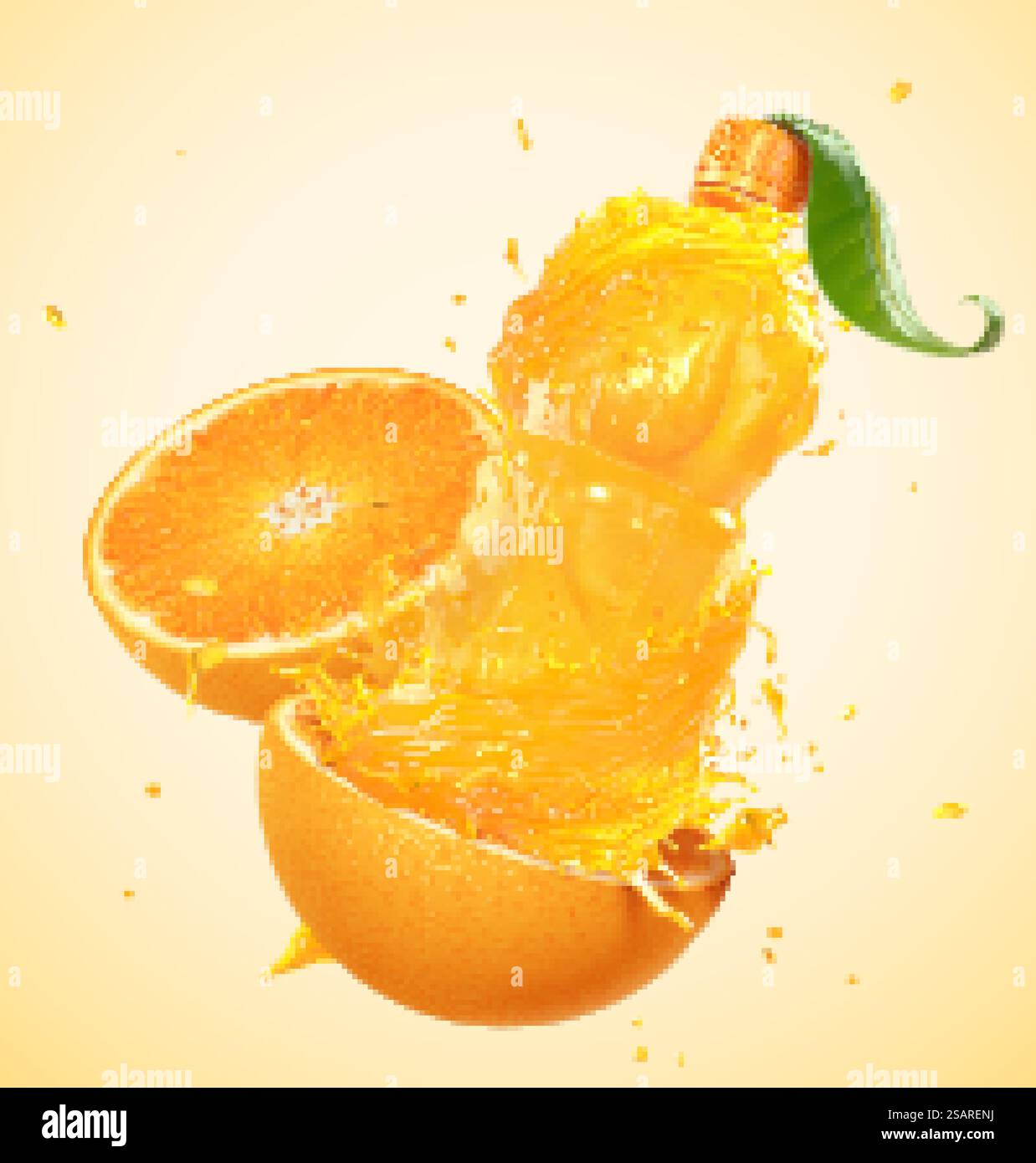 Orange juice in bottle shape with peel in 3d illustration. Orange juice ...