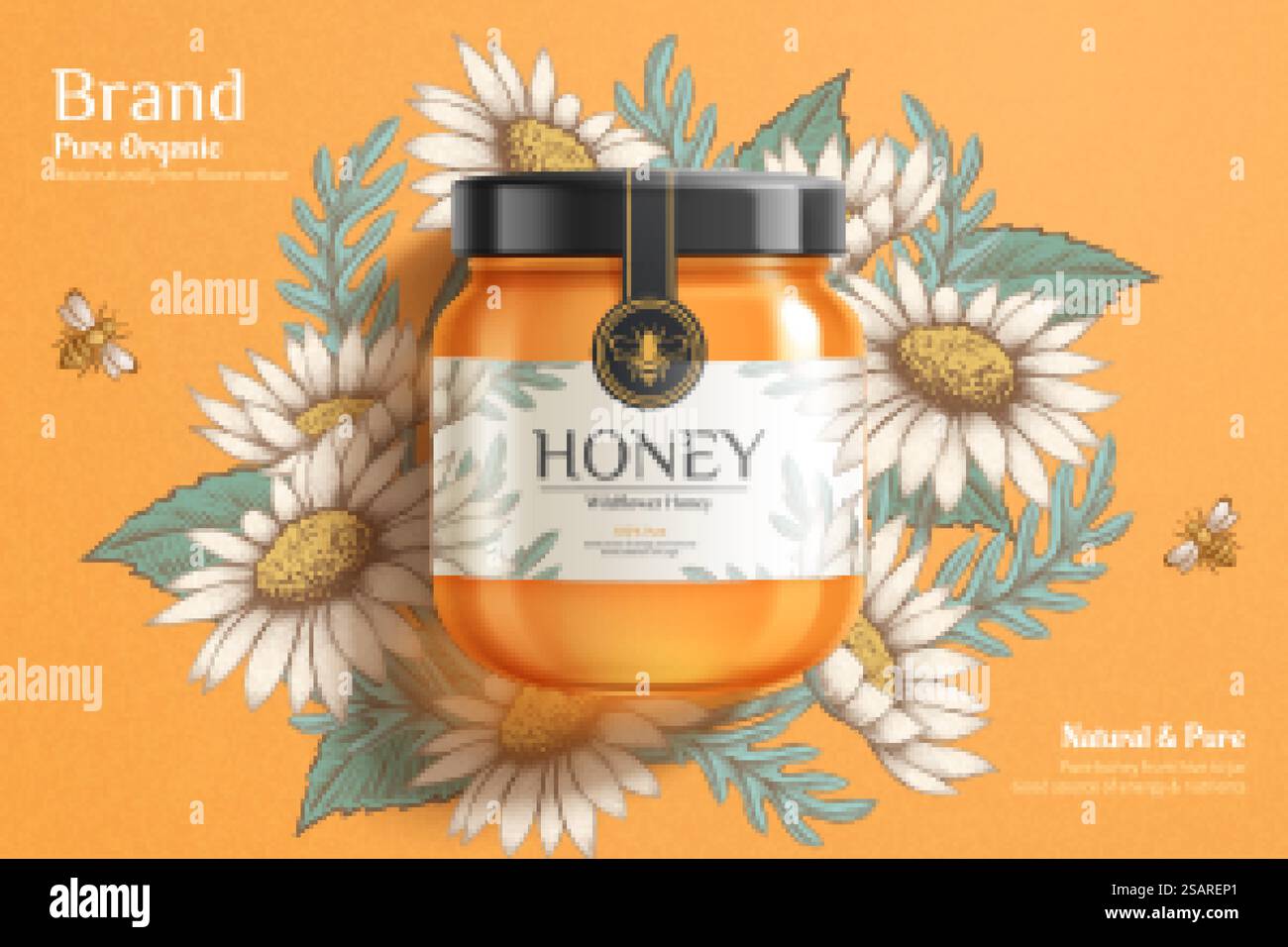 3d illustration of sweet honey ad template, golden jar mock-up set on ...