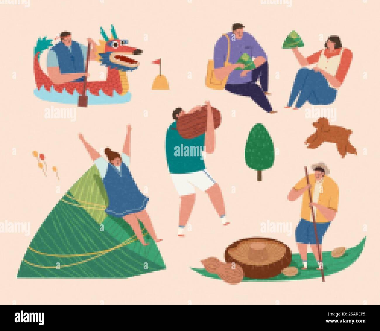 Happy young Asian people enjoying Duanwu activities. Person character set suitable for Dragon ...