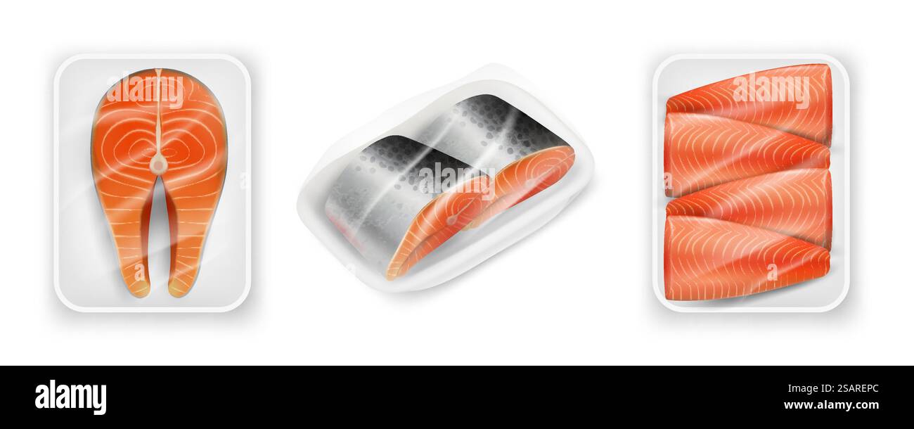 Salmon red fish steak package mockup set, vector realistic illustration ...