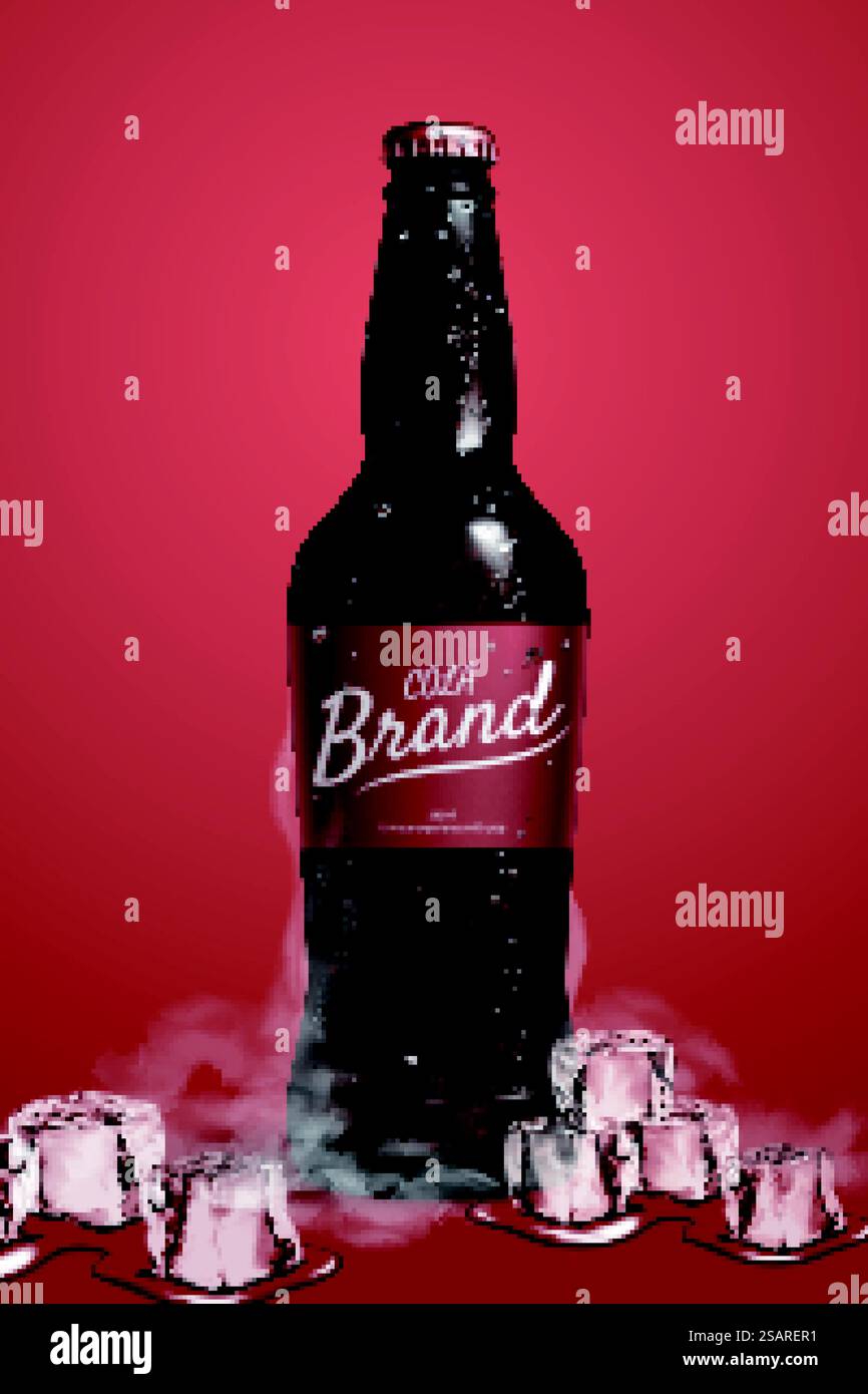 3d illustration of glossy cola bottle closed with crown cap chilling on ...