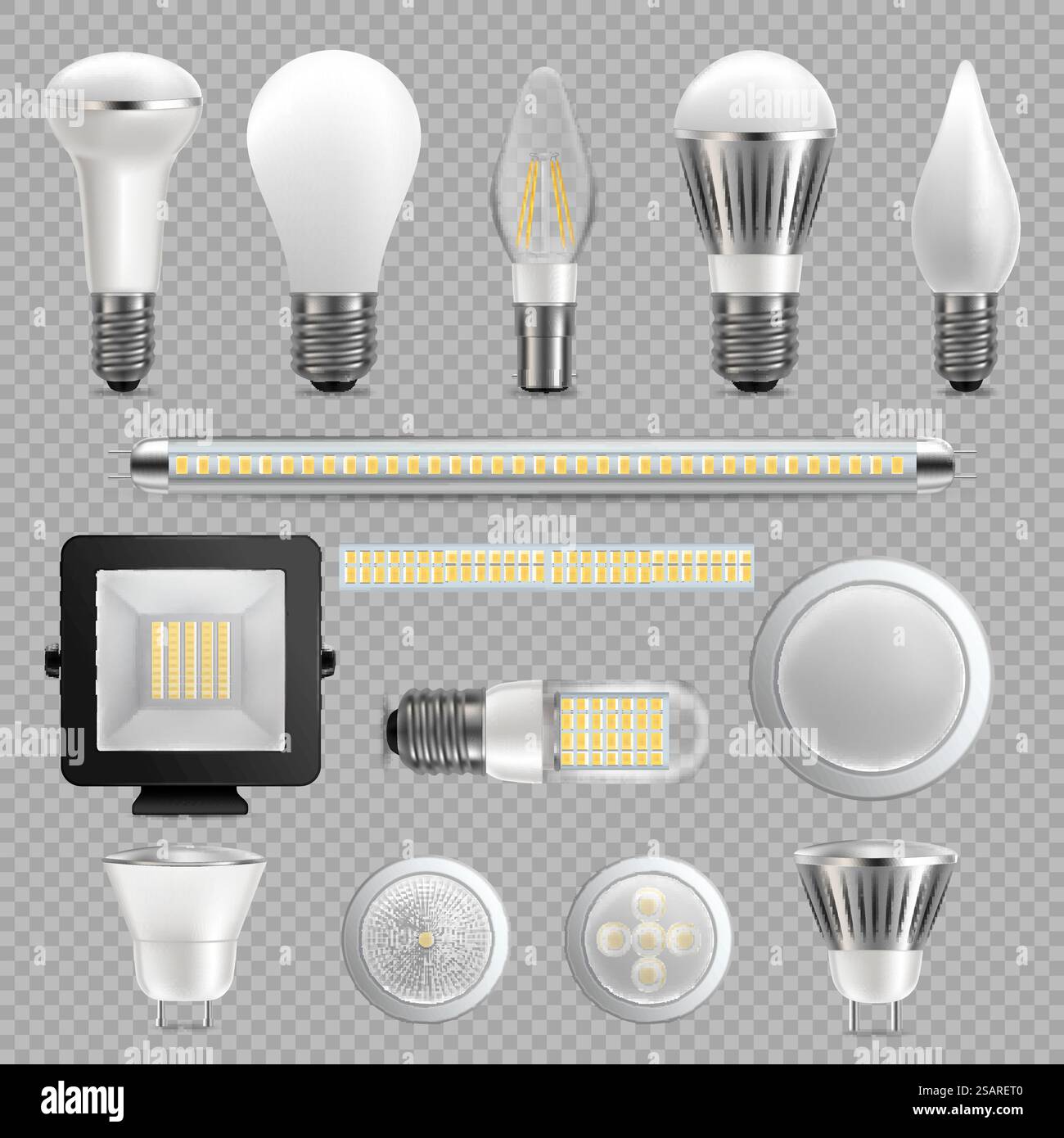 Led light bulb set, vector illustration isolated on transparent ...