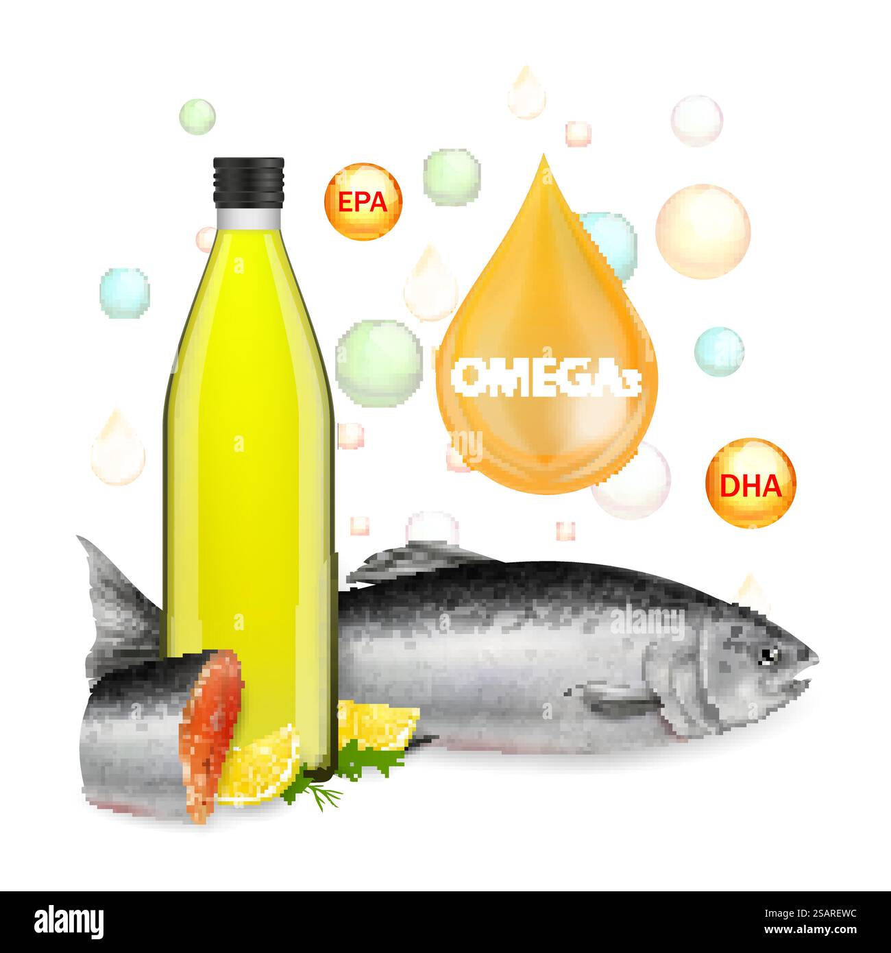 Salmon fish steak, oil bottle, softgel pills, vector realistic ...