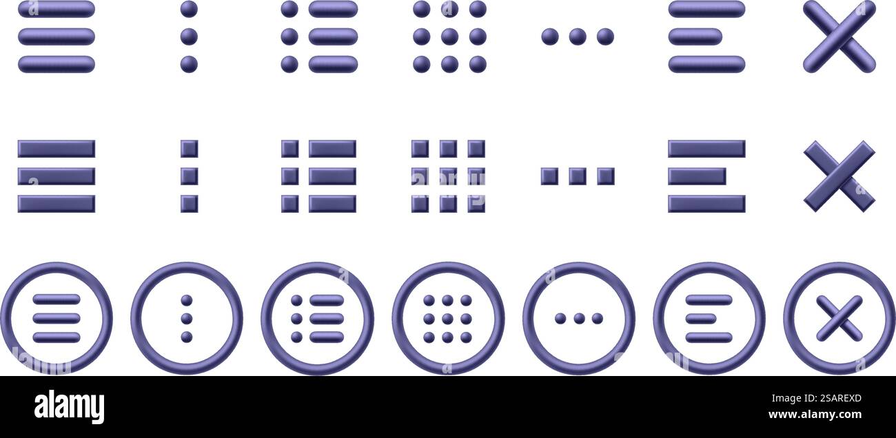 Burger menu icon. Minimal hamburger, grid and close X symbol. 3D ...