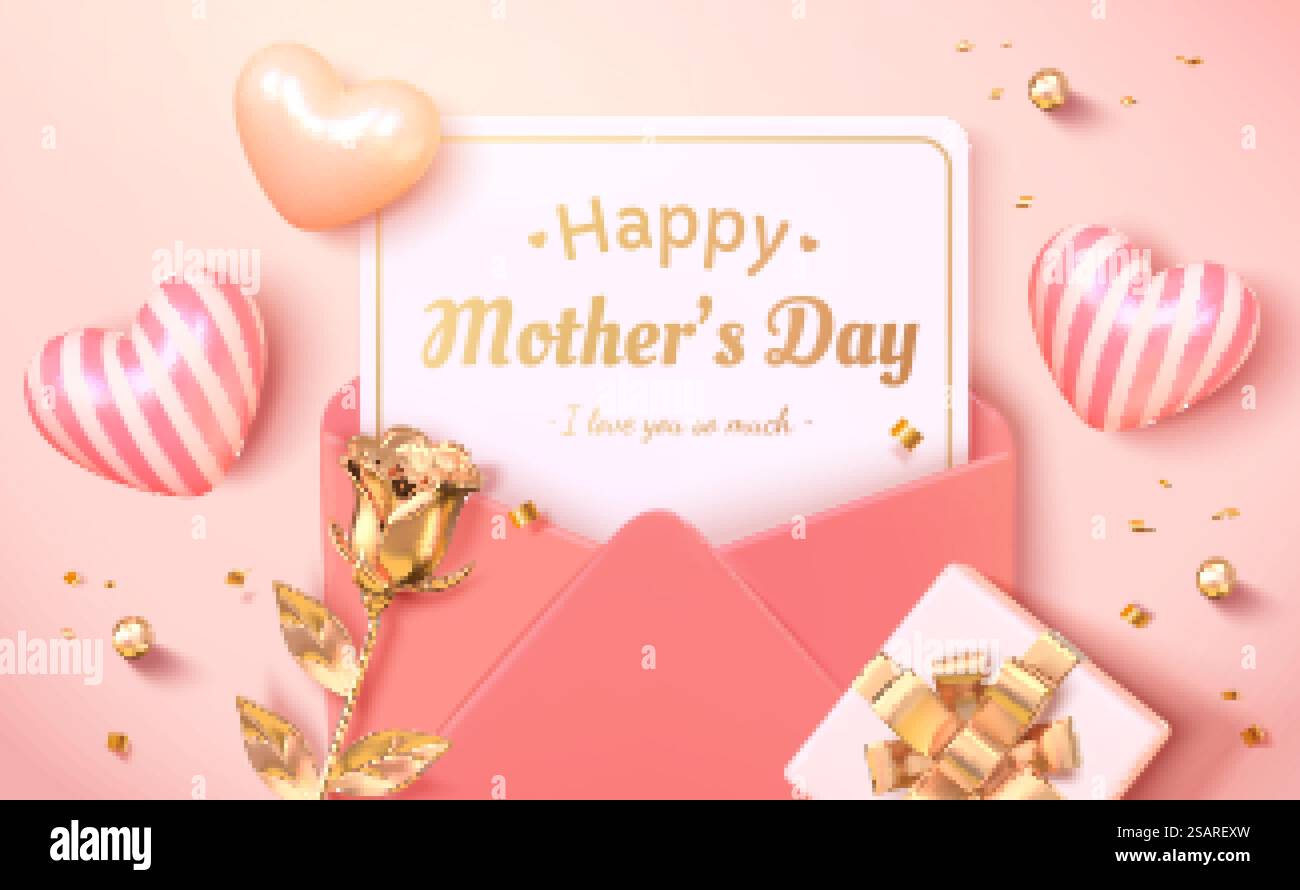 Layout design of envelope, heart shape, golden rose and gift box viewed ...