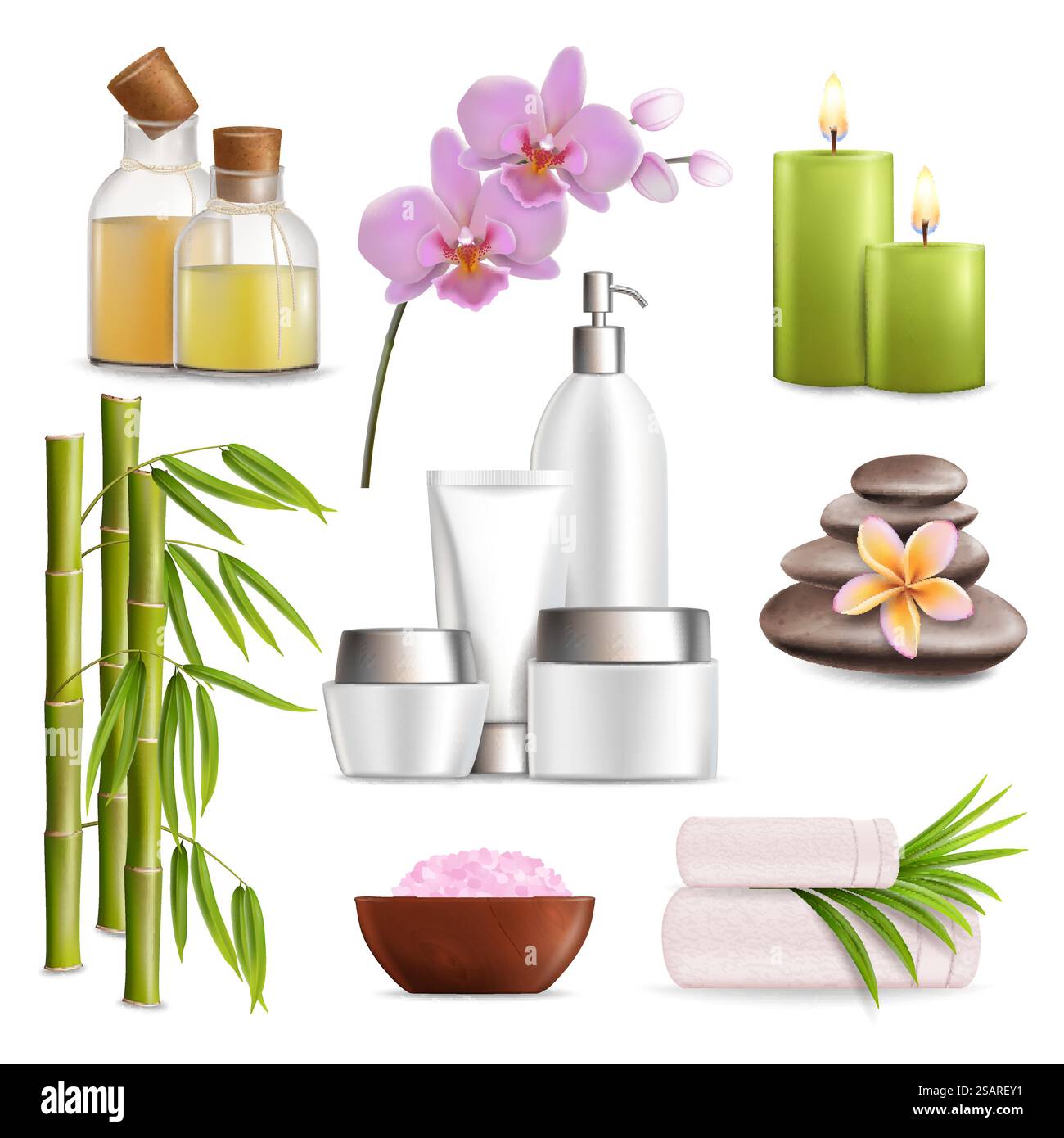 Spa salon accessories set, vector realistic illustration isolated on white background. Bamboo ...