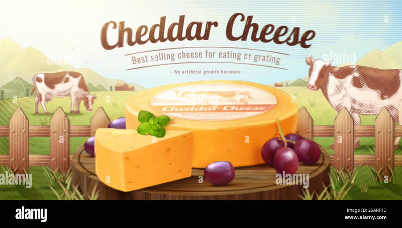 Organic farm product banner ad. 3d cheese and grapes on a wooden tray ...