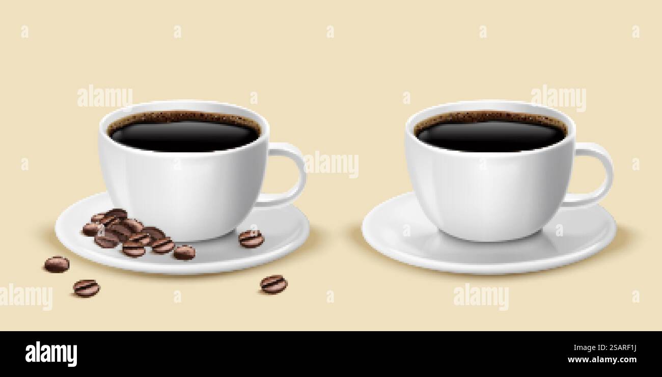 Two cups of black coffee with beans on saucer, 3d illustration. Two ...