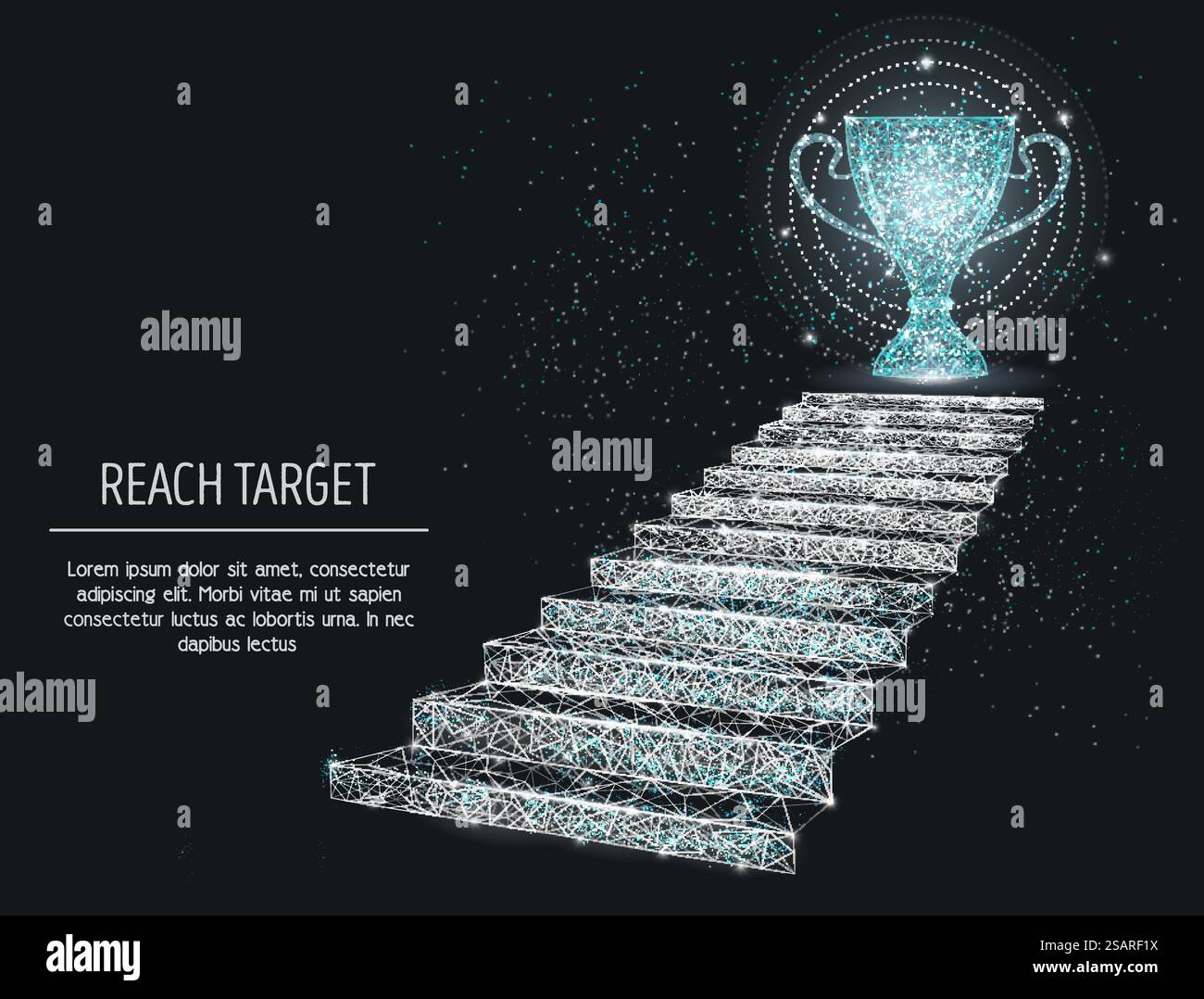 Reach target vector web banner template. Stairway to trophy cup, white ...