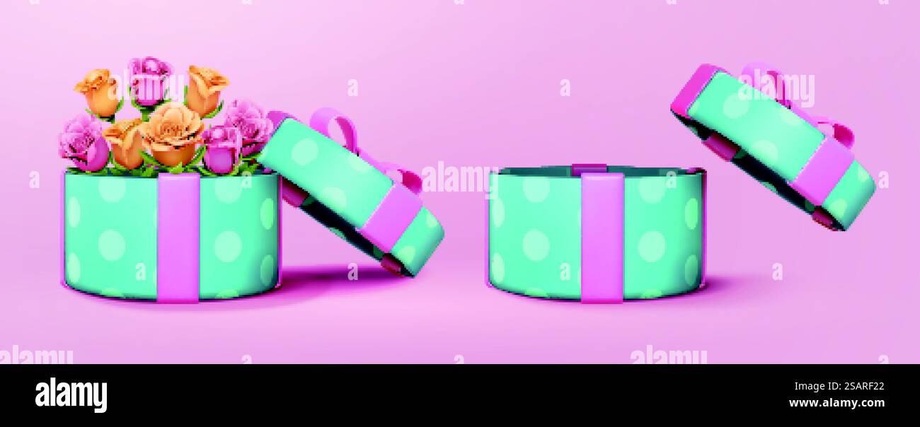 3D Illustration of pink and yellow roses bouquet in blue round dotted ...