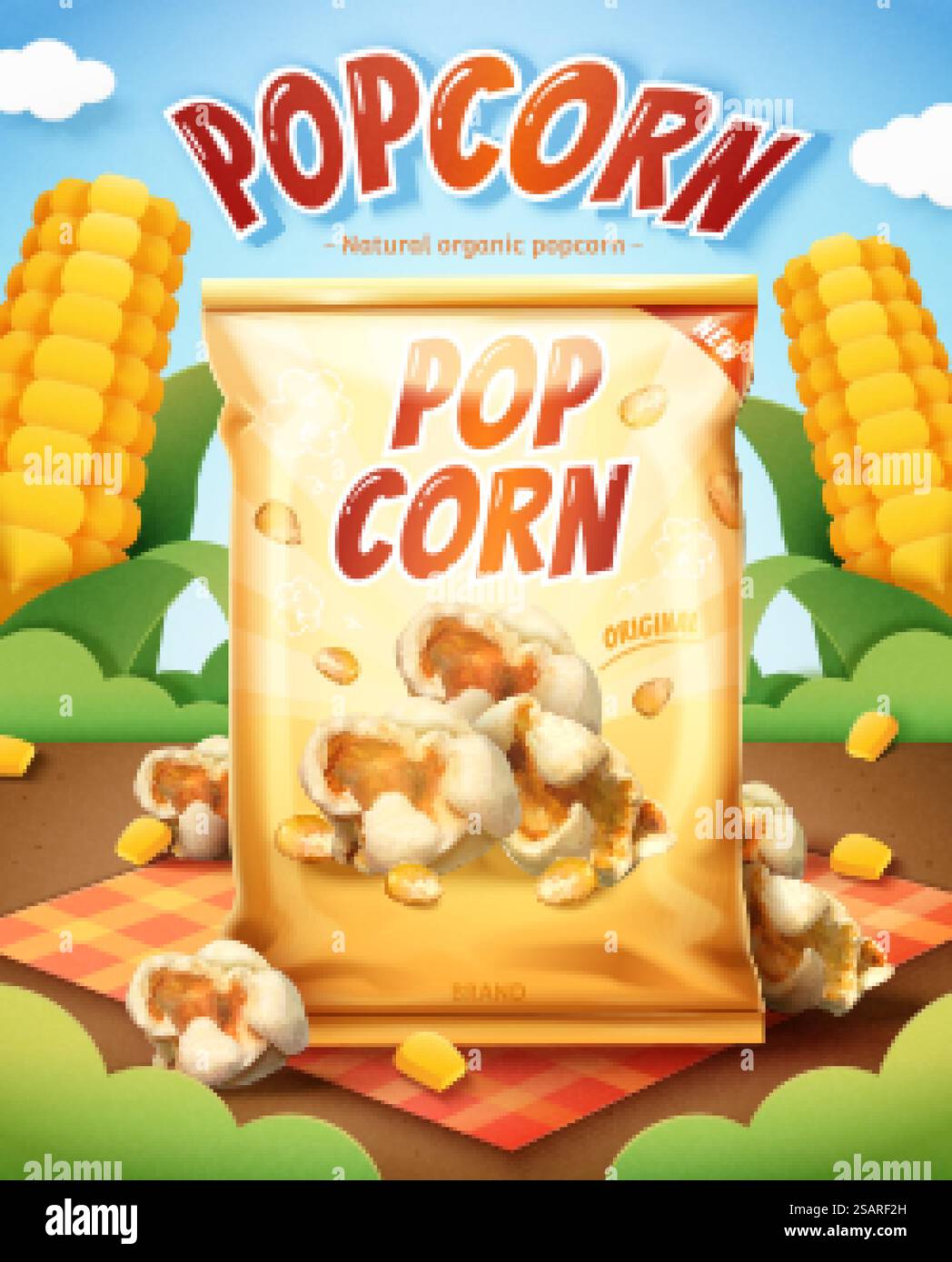 3d natural and organic popcorn ad. Illustration of a popcorn package on ...