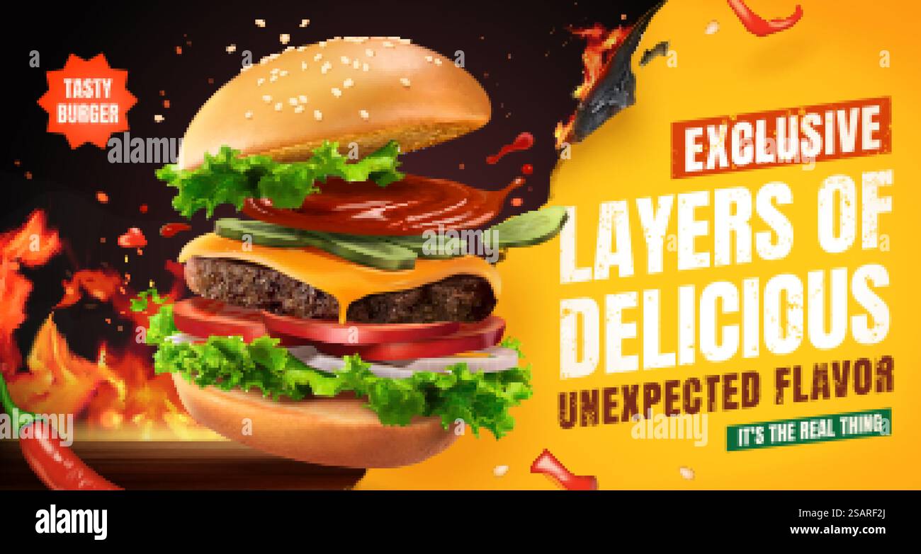 Delicious homemade burger with chili and BBQ grill fire, food ad banner ...