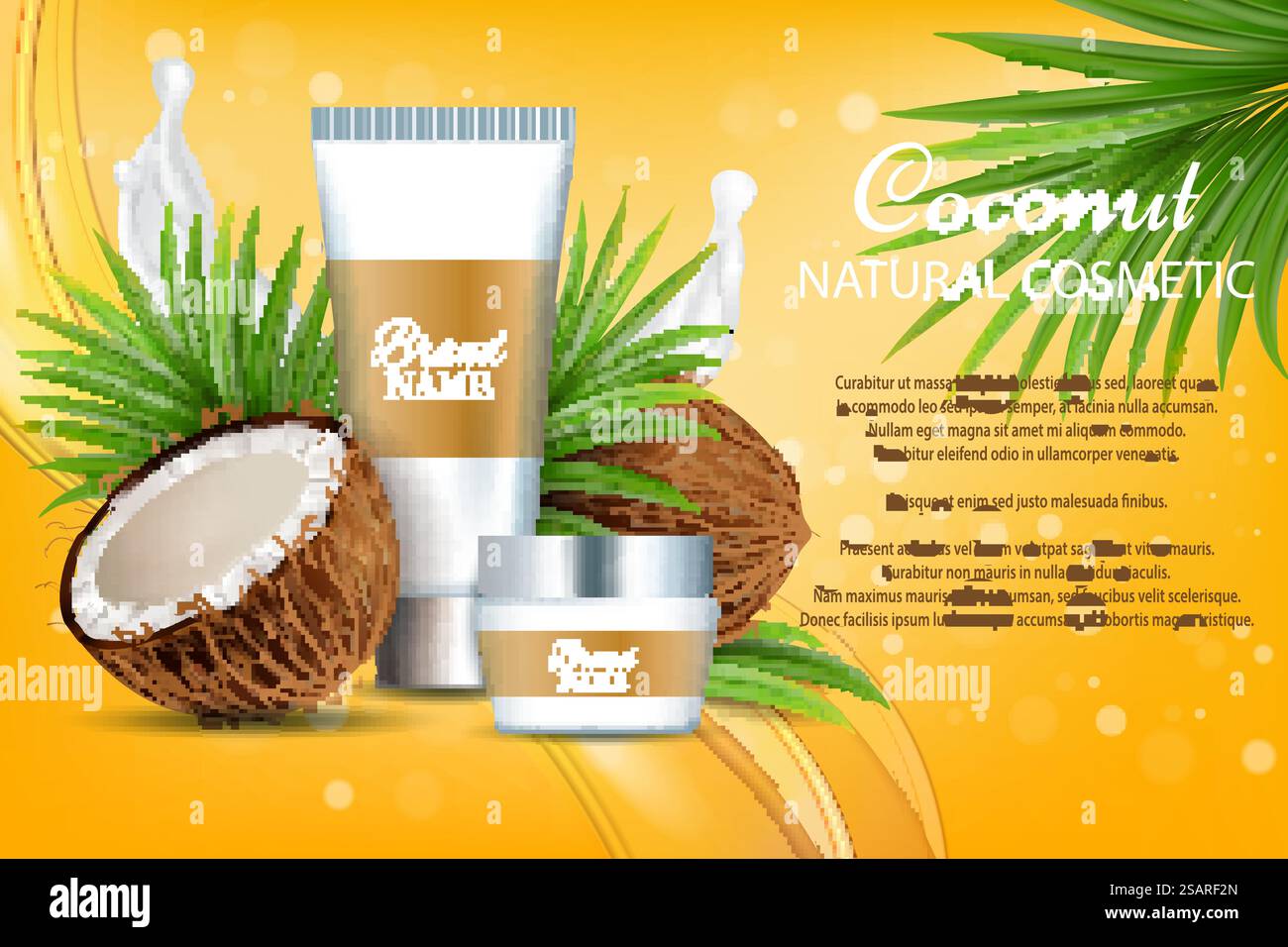 Coconut natural cosmetics, vector poster template. Realistic whole half ...