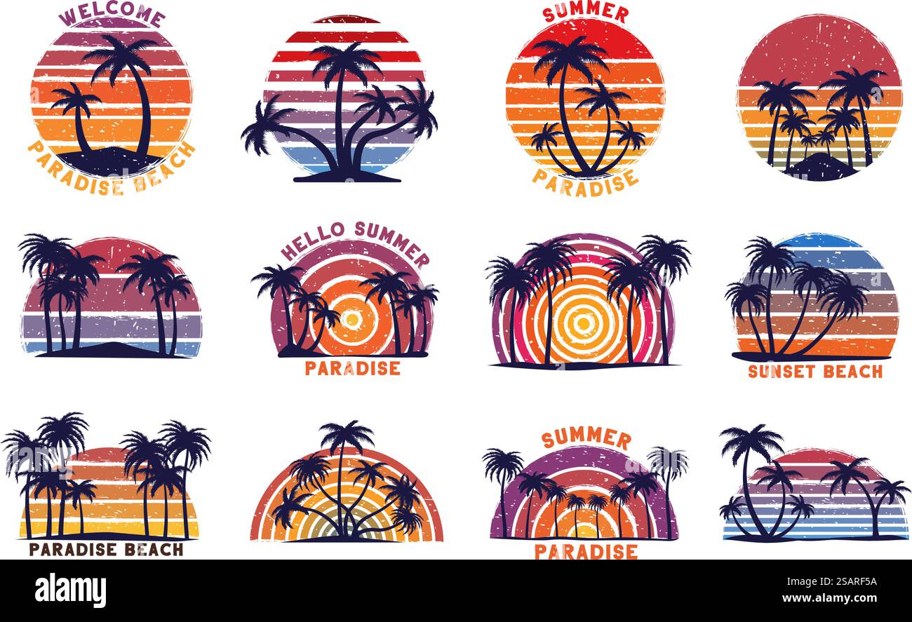 Retro beach sunset. Summer paradise print with grunge 80s striped sun ...