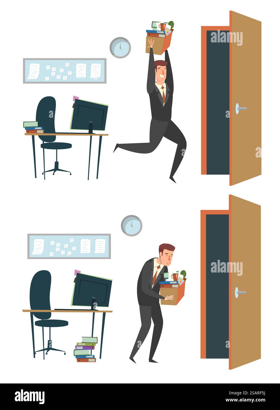 Fired sad and happy employee male cartoon characters hi-res stock ...