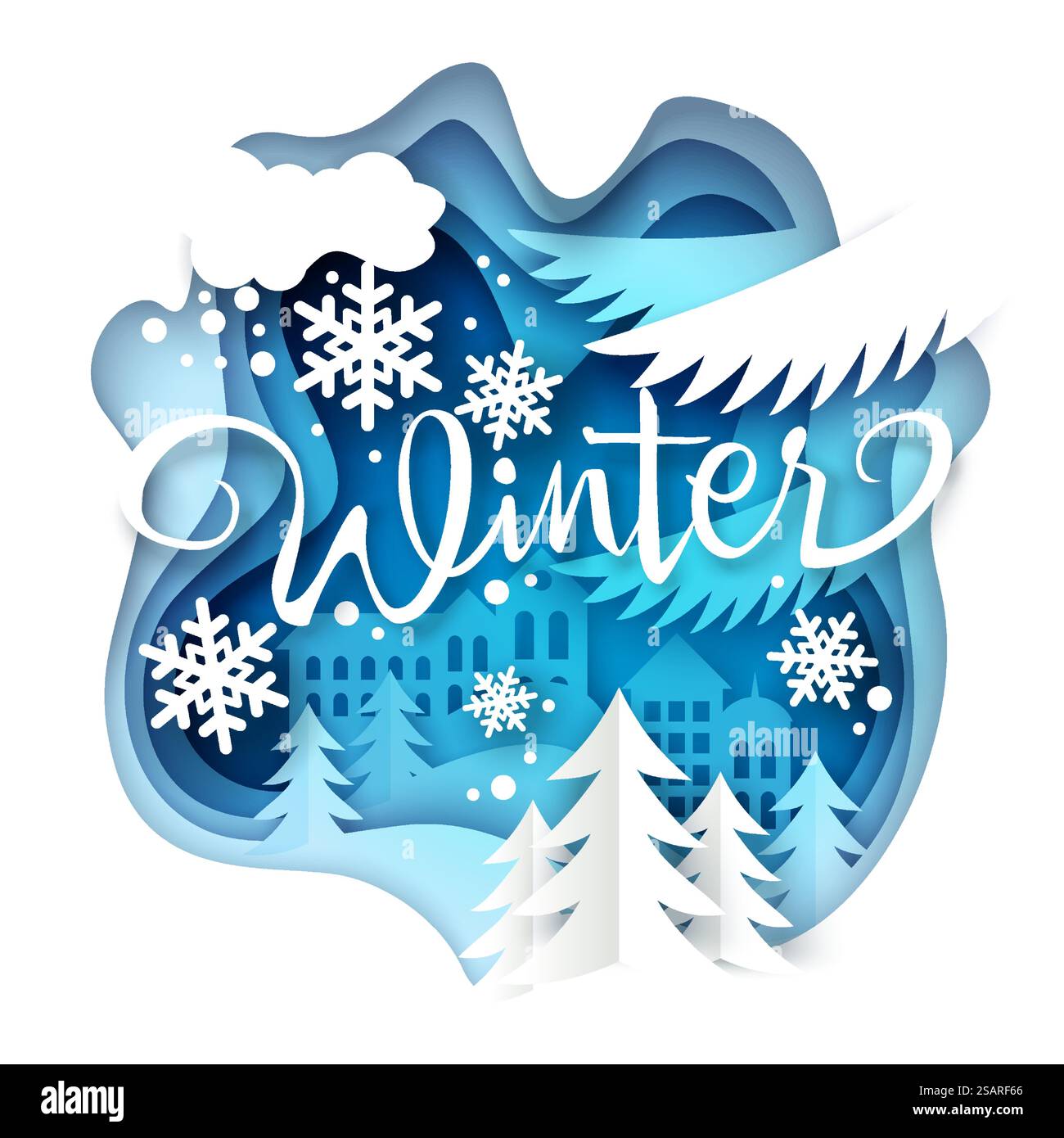 Winter layered paper art style vector illustration. Beautiful seasonal ...
