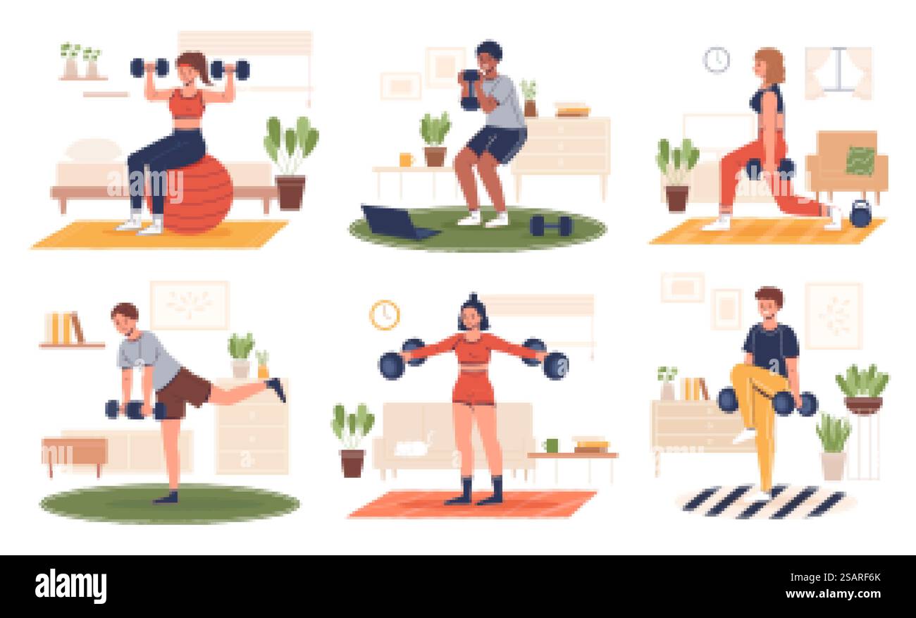 Sport at home scenes set. Different people doing workout indoors. Flat ...