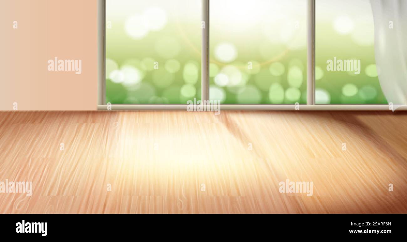 3d illustration of empty living room with wooden floor and large glass ...