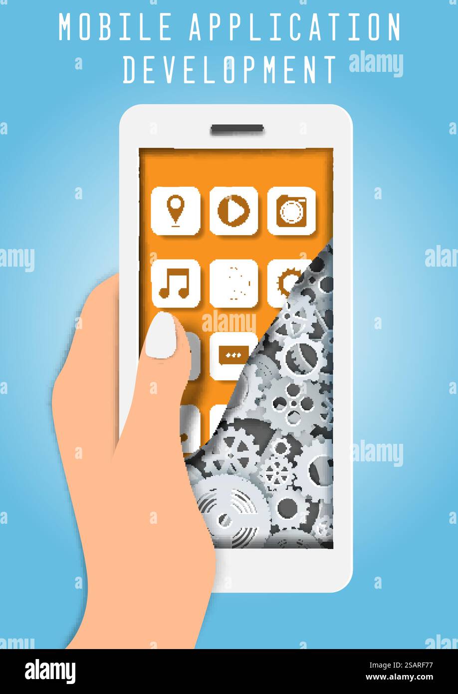 Mobile application development concept vector illustration. Human hand ...