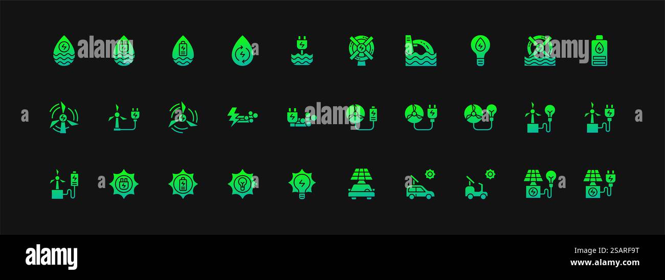 Renewable energy icon set flat gradient icon. Include solar panel, wind ...