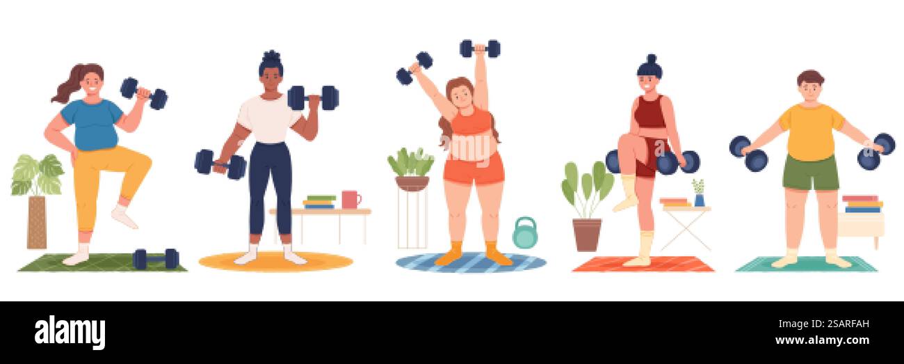 Collection of multi racial people exercising at home, home gym training ...